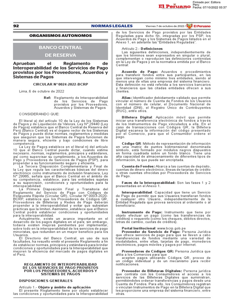 Circular 0024-2022-BCRP - Aprueban Reglamento de Interoperabilidad de Los Servicios de Pago ...