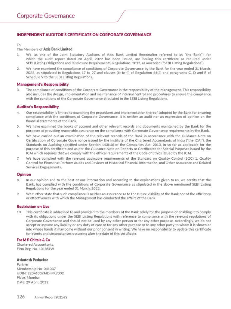 Axis Bank AR 2021-22 - Corporate Governance Report | PDF | Corporate Governance | Regulatory ...