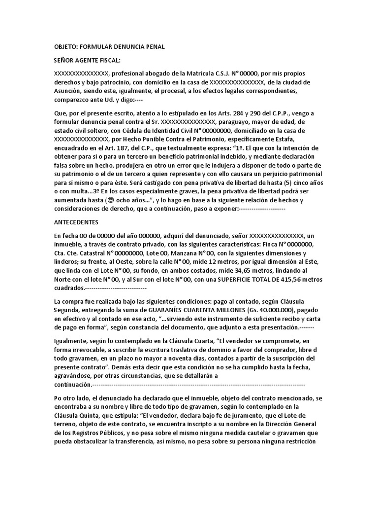 Modelo de Denuncia Penal Por Estafa. | PDF | Trucos de confianza | Castigos