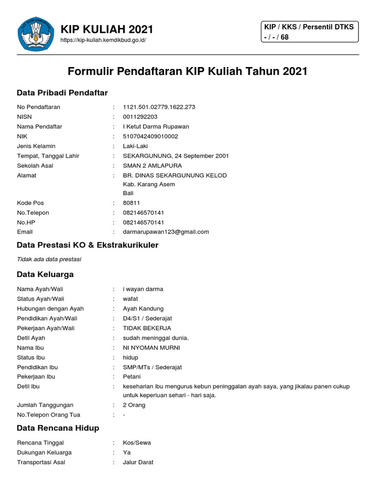 Formulir Peserta KIP Kuliah 2021 | PDF