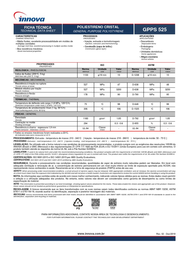 Propriedades e aplicações do poliestireno cristal GPPS 525 | PDF ...