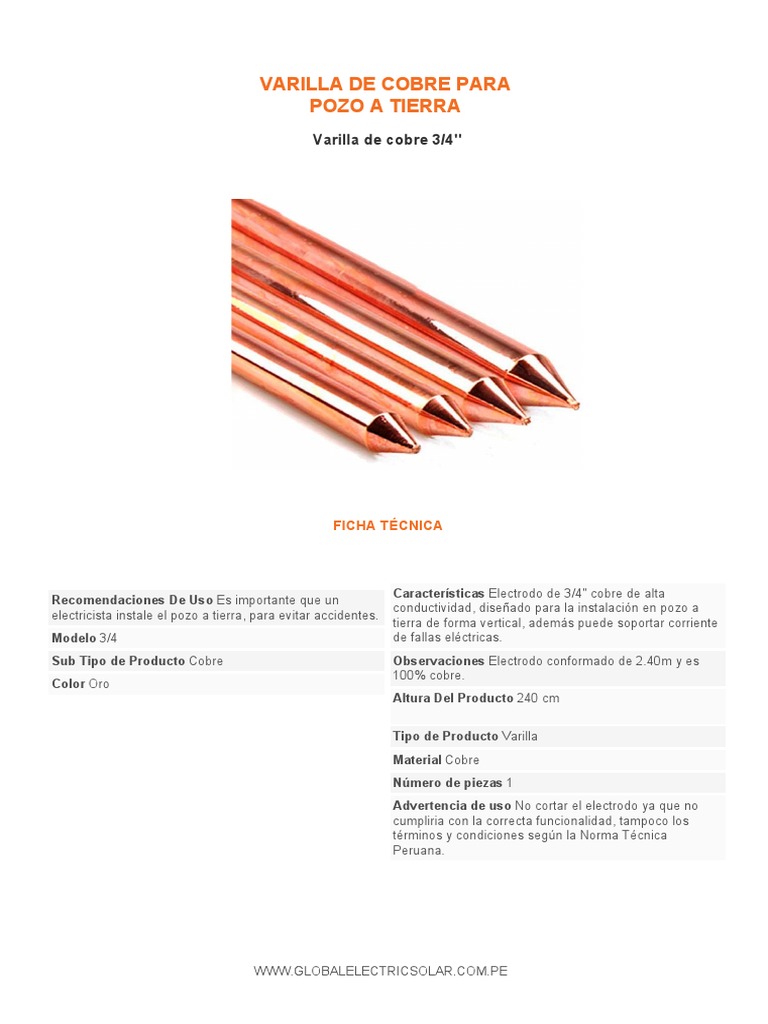 Ficha Tecnica Varilla de Cobre 3-4 | PDF