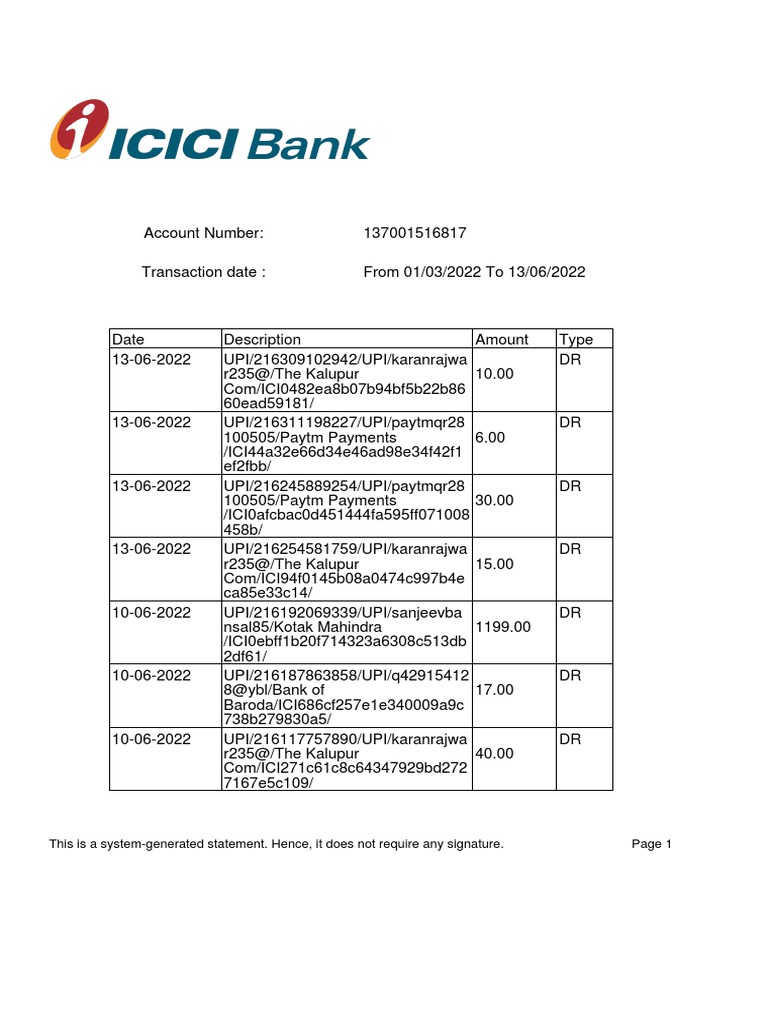ICICI Bank Statement Summary | PDF | Banks | Services (Economics)