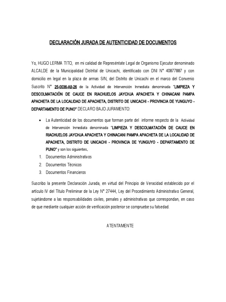 Declaración Jurada de Autenticidad de Documentos | PDF