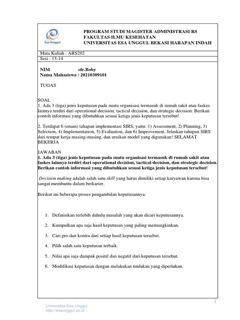 Tugas ARS 202 Sesi 13-14 DR - Boby-20210309101 | PDF | Karier & Perkembangan