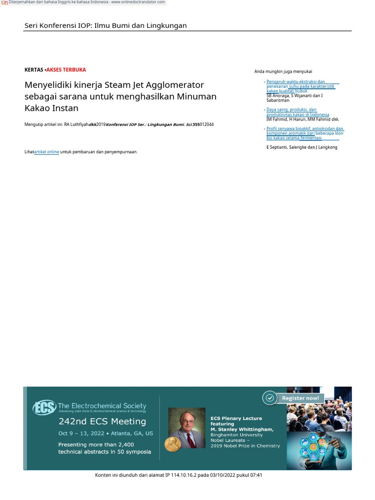 Kinerja Steam Jet Agglomerator Kakao | PDF
