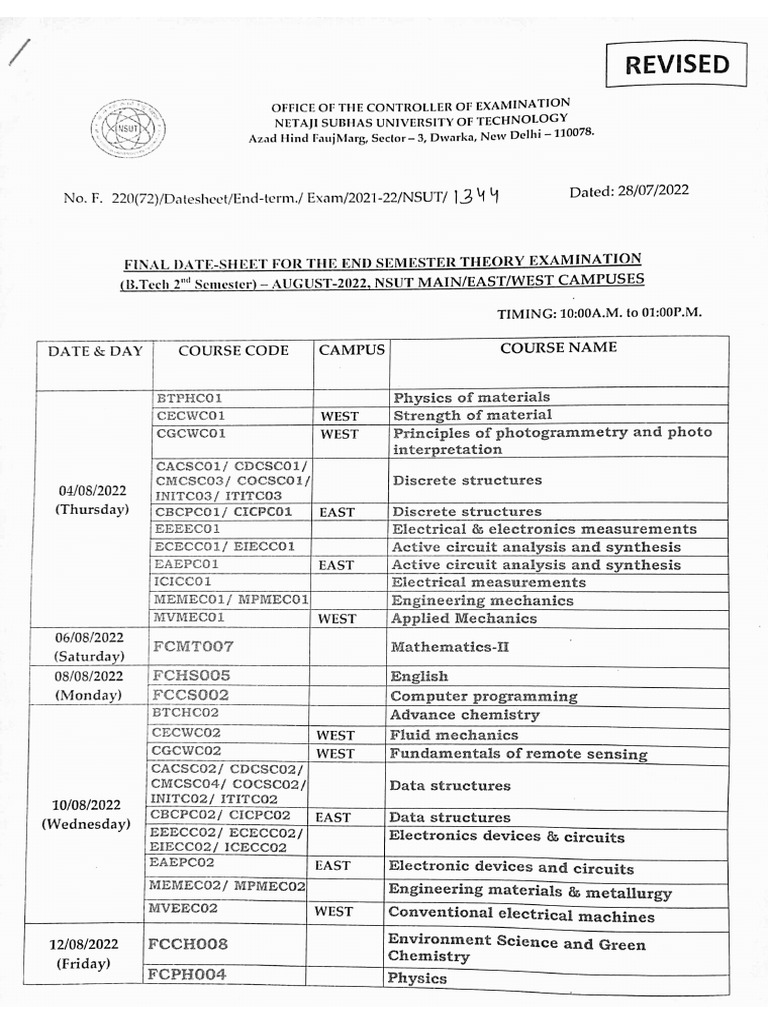 Revised Datesheet of 2nd Semester - B.Tech, B.Arch, B.DFT and BBA (End ...