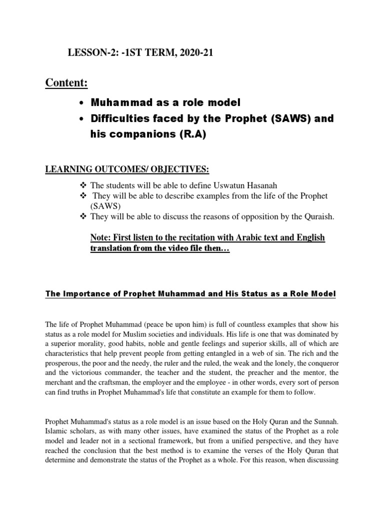 G 10, Lesson 2,1st Term-2021-22, Muhammad-A Role Model | PDF | Muhammad ...
