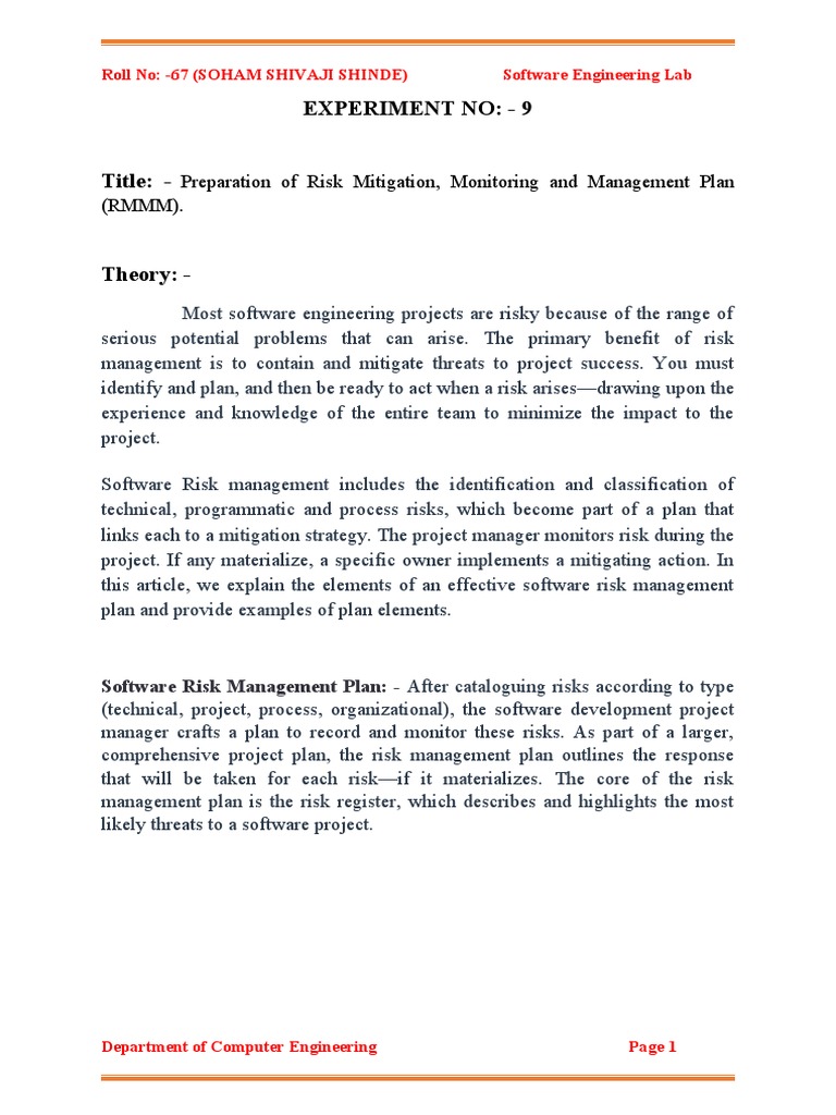 Soham S Shinde Roll No - 67 SE Experiment - 9 | PDF | Risk | Risk Management