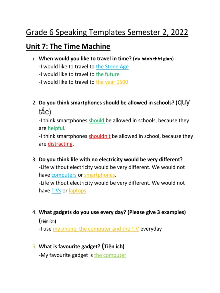 Grade 6 Speaking Templates Semester 2, 2022 | PDF