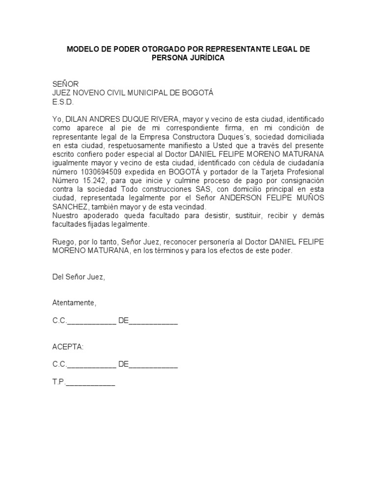 Modelo de Poder Otorgado Por Representante Legal de Persona Jurídica | PDF