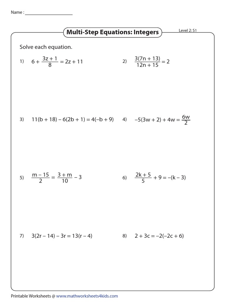 Equations - Multi Step - Integers Level2 All | PDF | Equations ...