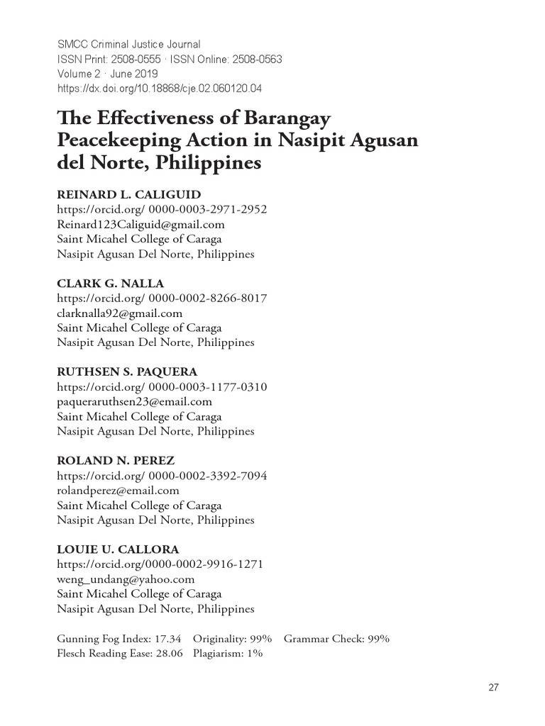 Barangay Peacekeeping in Nasipit: Effectiveness Study | PDF | Self Actualization