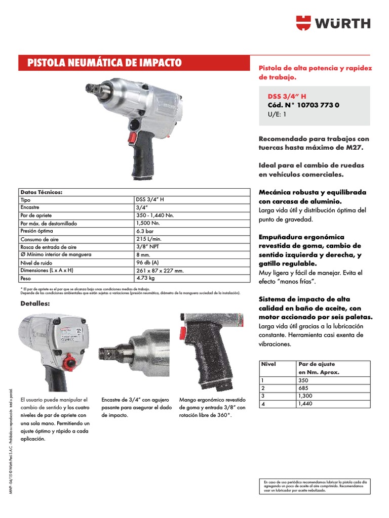 Pistola Neumatica Impacto WURTH DSSH34 | PDF | Factores humanos y ergonomía | Ingeniería mecánica