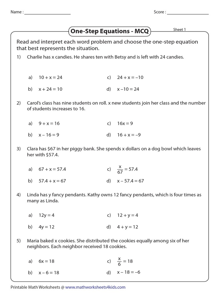 Equations - Word Problems - 1step MCQ All | PDF