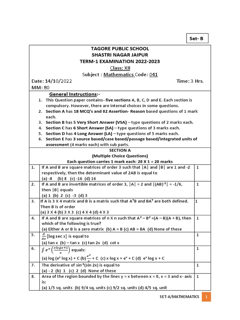 Set B Class XII A, B and E Half Yearly Examination 2022-2023 | PDF | Function (Mathematics ...