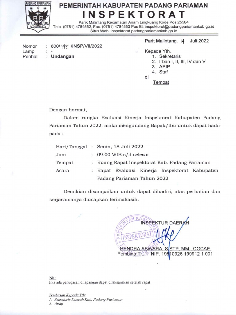 Undangan Rapat Evaluasi Kinerja Inspektorat | PDF