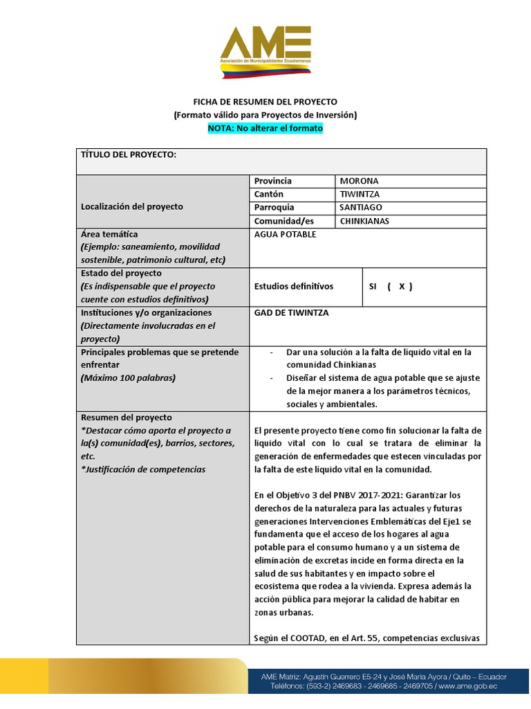 Formato de Proyectos Ame Proyecto Agua | PDF | Agua | Agua potable