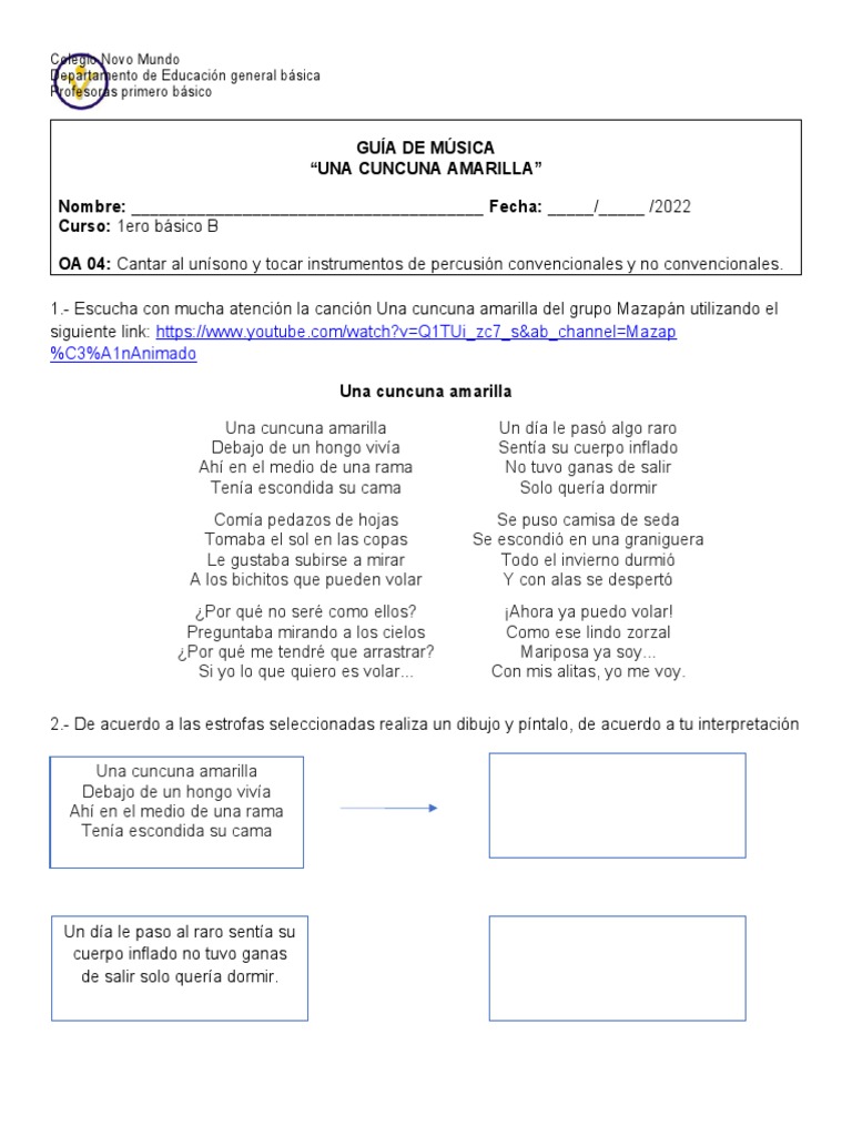 Letra y actividades de "Una cuncuna amarilla" | PDF