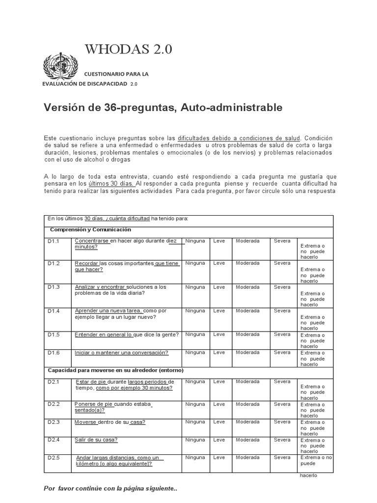 Cuestionario WHODAS 2.0 de Discapacidad | PDF