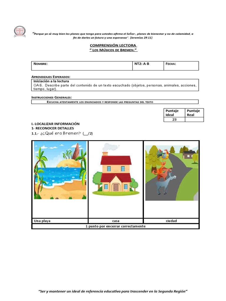Comprensión Lectora NT2 Los Músicos de Bremen. | PDF | Aprendizaje ...