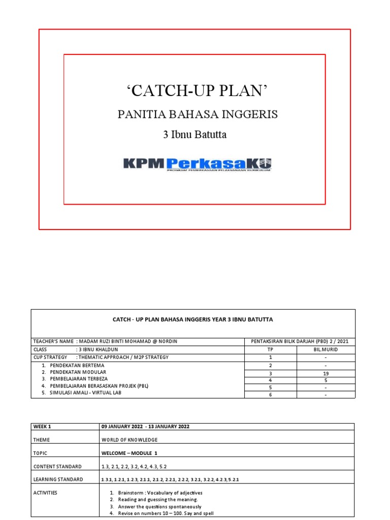 Catch-Up Plan BI Year 3ik | PDF | Flashcard | Reading Comprehension