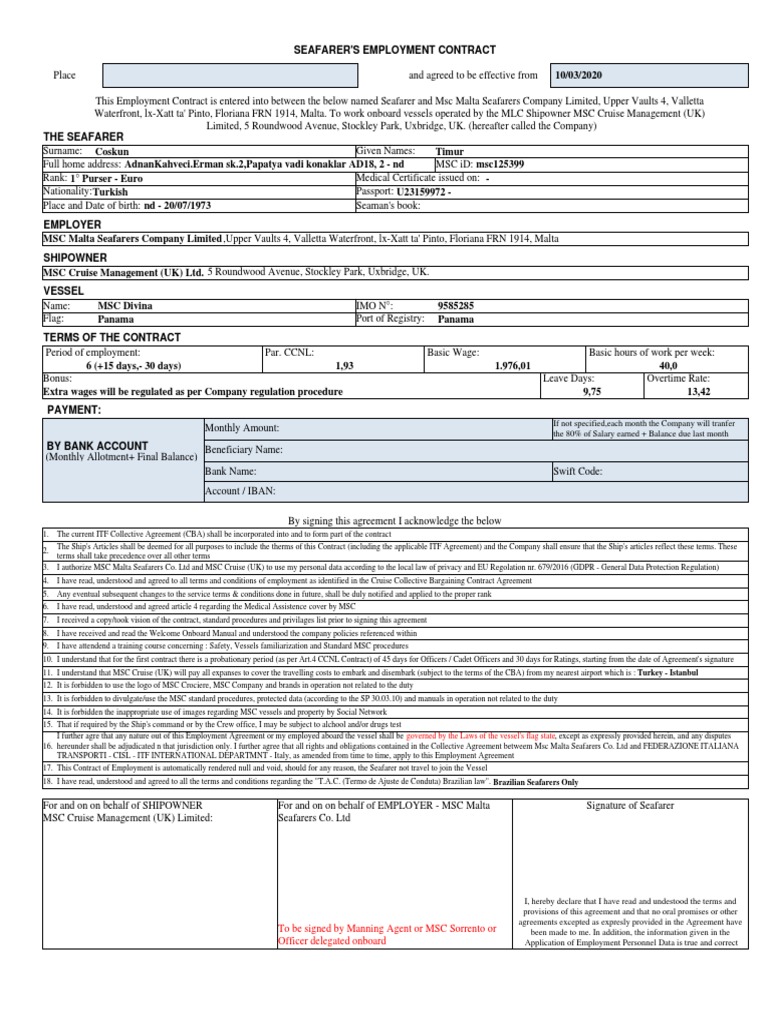 Seafarer's Employment Contract with MSC Malta | PDF | Collective ...