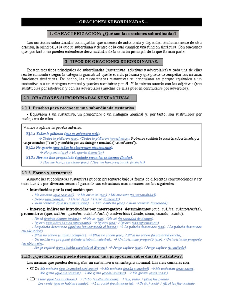 Oraciones Subordinadas - Teoria y Actividades 2 | PDF | Adverbio ...