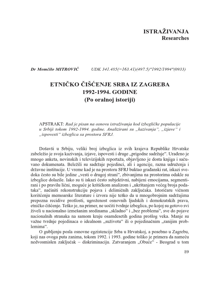 Etnicko Ciscenje Srba Iz Zagreba 1992-1994 | PDF
