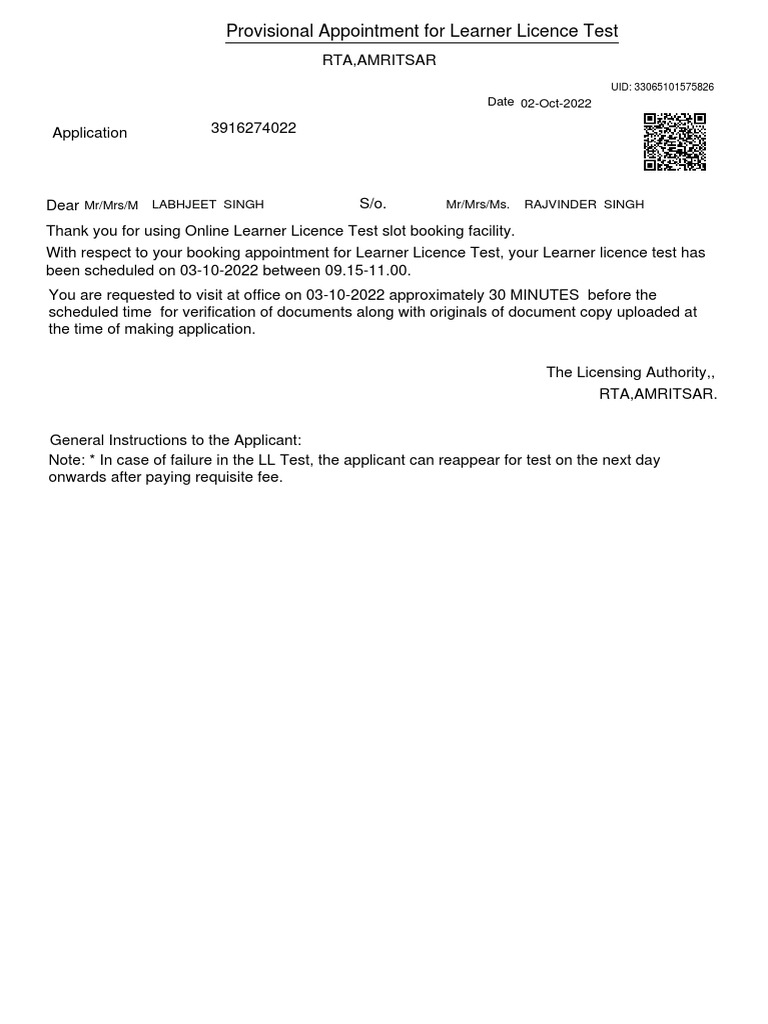 Provisional Appointment For Learner Licence Test: 02-Oct-2022 Date ...