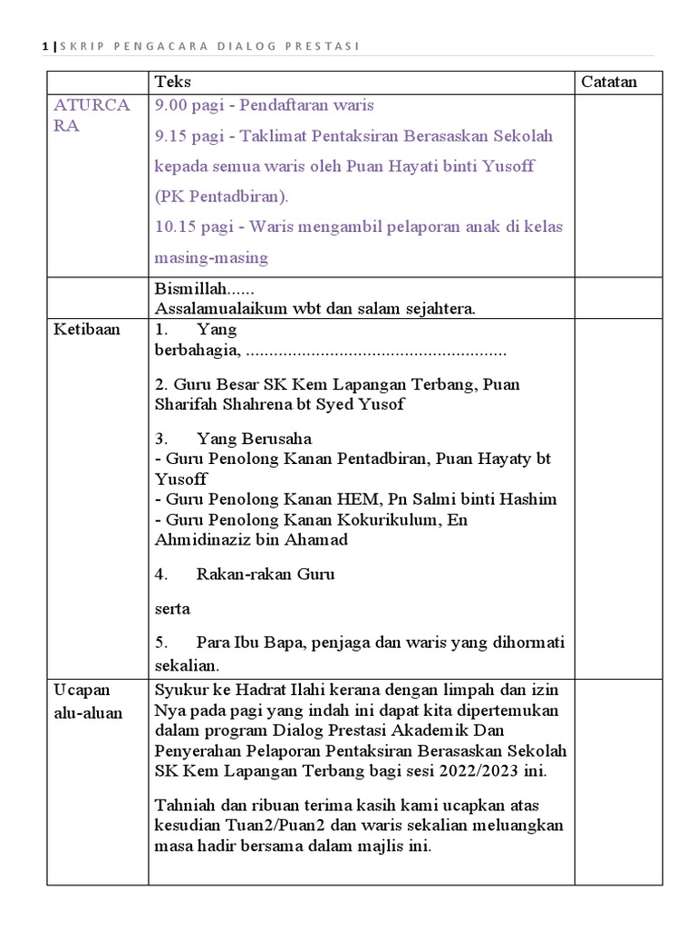Skrip Pengacaraan Majlis Dialog - Prestasi 2022 | PDF