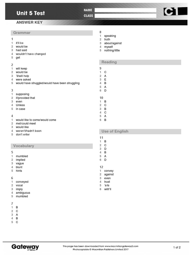 Gatewy C1 - Unit - 5 - Test - Answer - Key | PDF | Linguistics | Human ...