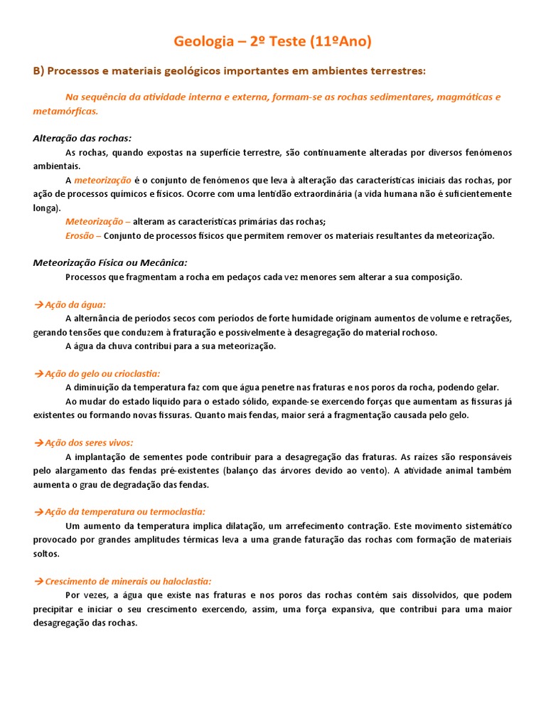 Geologia - 2º Teste (11ºano) : B) Processos E Materiais Geológicos ...