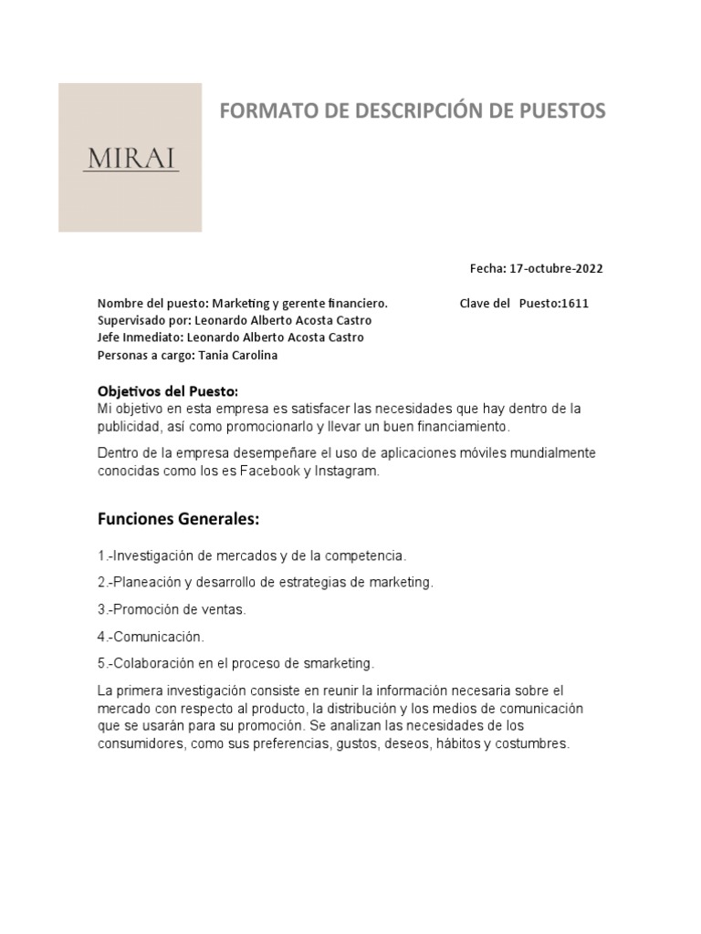 Formato de Descripción de Puestos | PDF | Marketing | Business