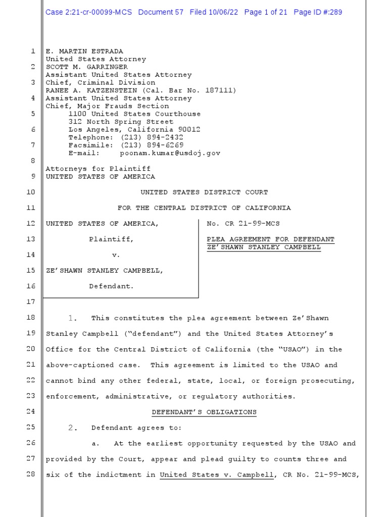 Campbell Plea Agreement | PDF | United States Federal Probation And ...