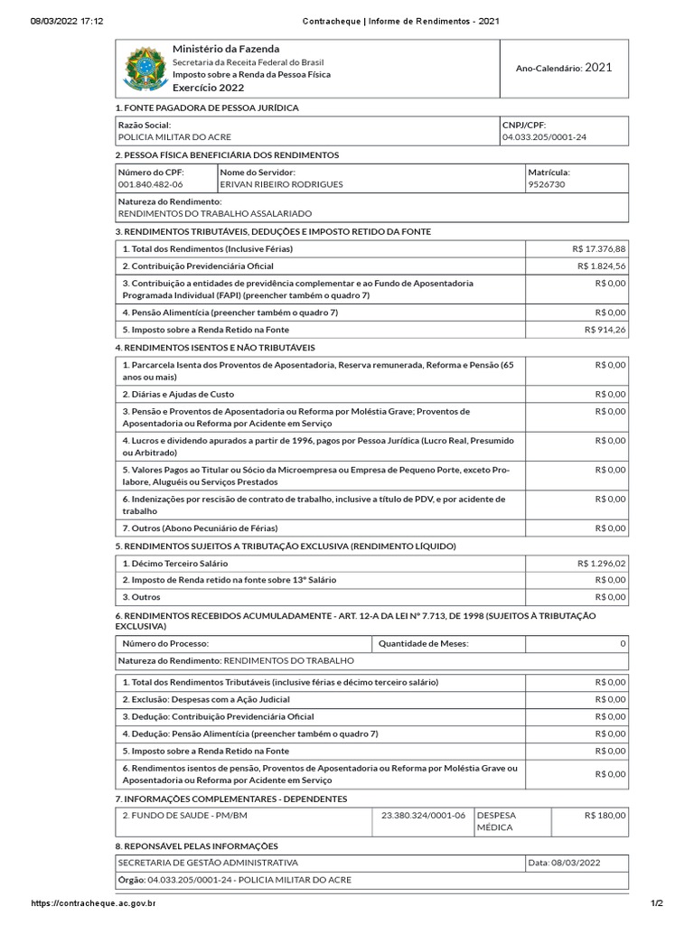 Cédula C - Informe de Rendimentos - 2021 | PDF | Imposto de Renda | Renda