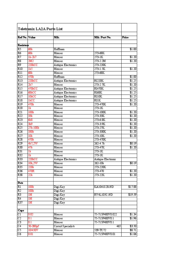 La2a Parts List | PDF | Components | Equipment