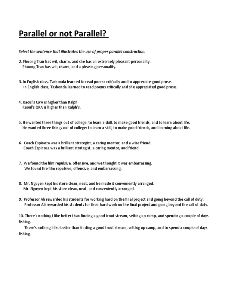 Parallelism Exercises | Download Free PDF | Grammar | Linguistics