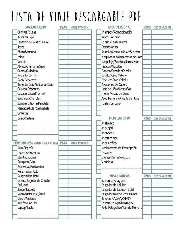 Lista de Viaje Imprimible Ropa Vacaciones | PDF