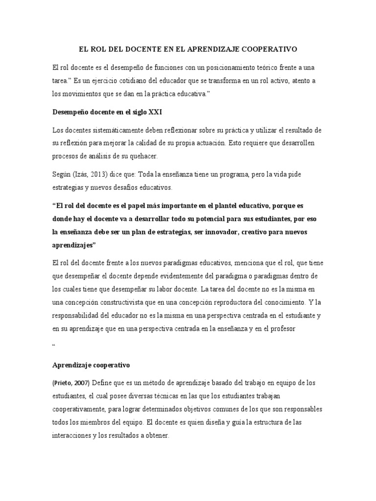 Rol docente aprendizaje cooperativo | PDF | Maestros | Método de enseñanza