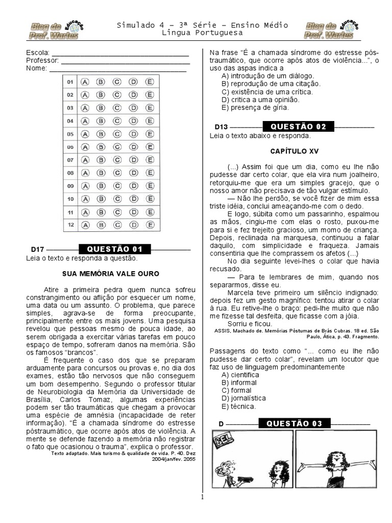 Simulado 4 - (Port. 3 Série E.M - Blog Do Prof. Warles) | PDF | Vida ...