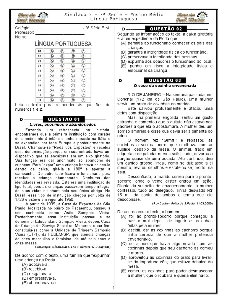 Simulado 5 - (Port. 3 Série E.M - Blog Do Prof. Warles) | PDF | São ...