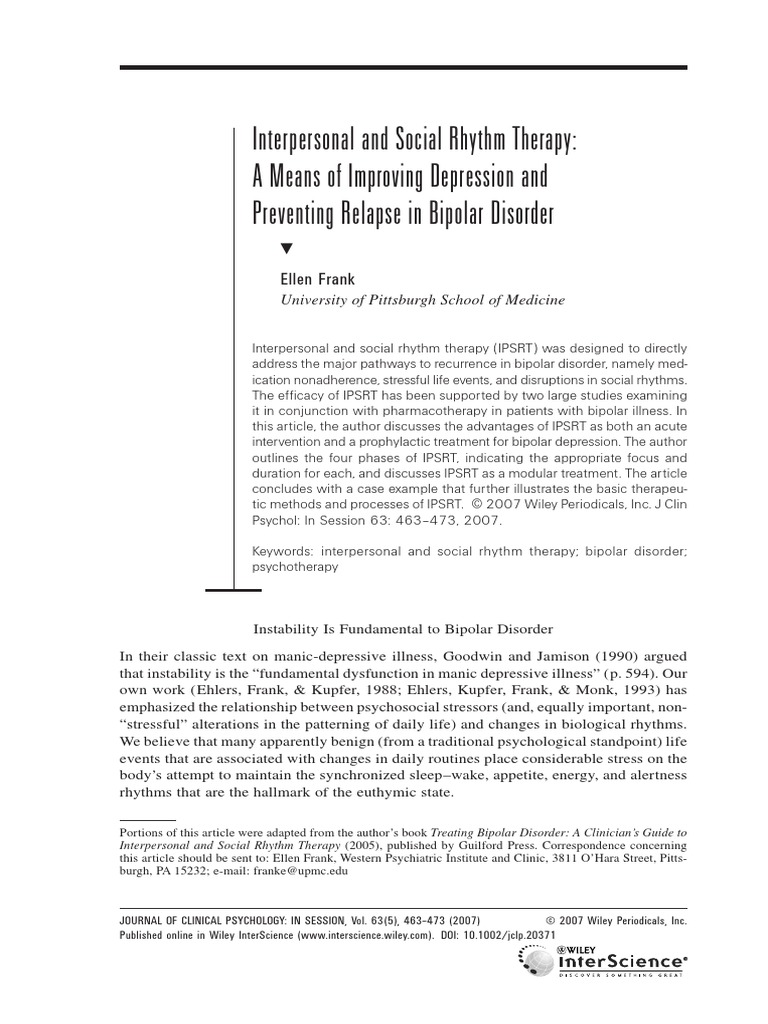 IPSRT-Frank (2007) | PDF | Bipolar Disorder | Psychology