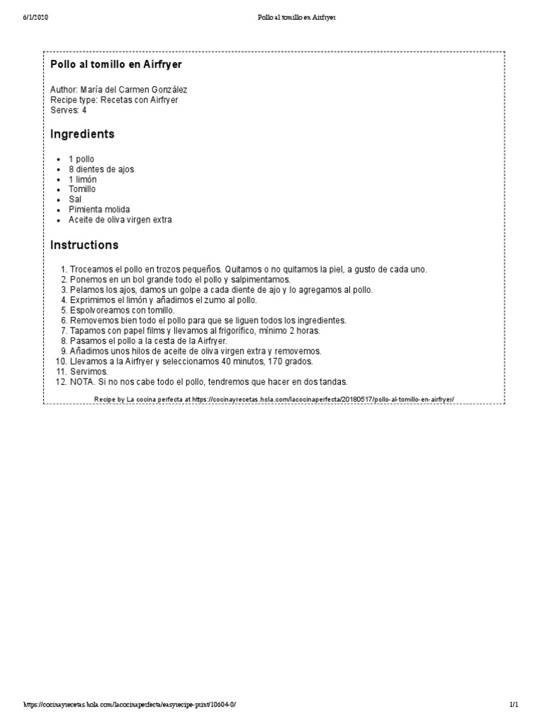 Pollo al Tomillo en Airfryer | PDF