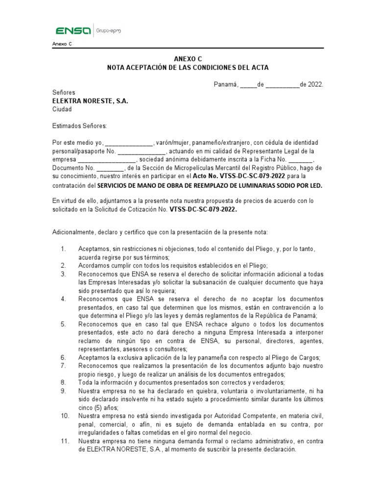 Anexo C - Nota de Aceptación de Las Condiciones Del Acta | PDF | Business