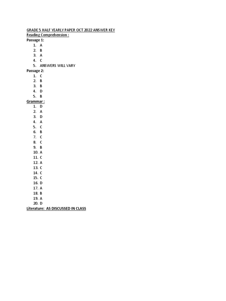 Grade 5 Answer Key Hy Oct 2022 | PDF | Language Arts & Discipline ...