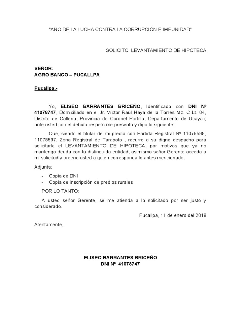 Solicitud de Levantamiento de Hipoteca | PDF | Finanzas y dinero | Derecho