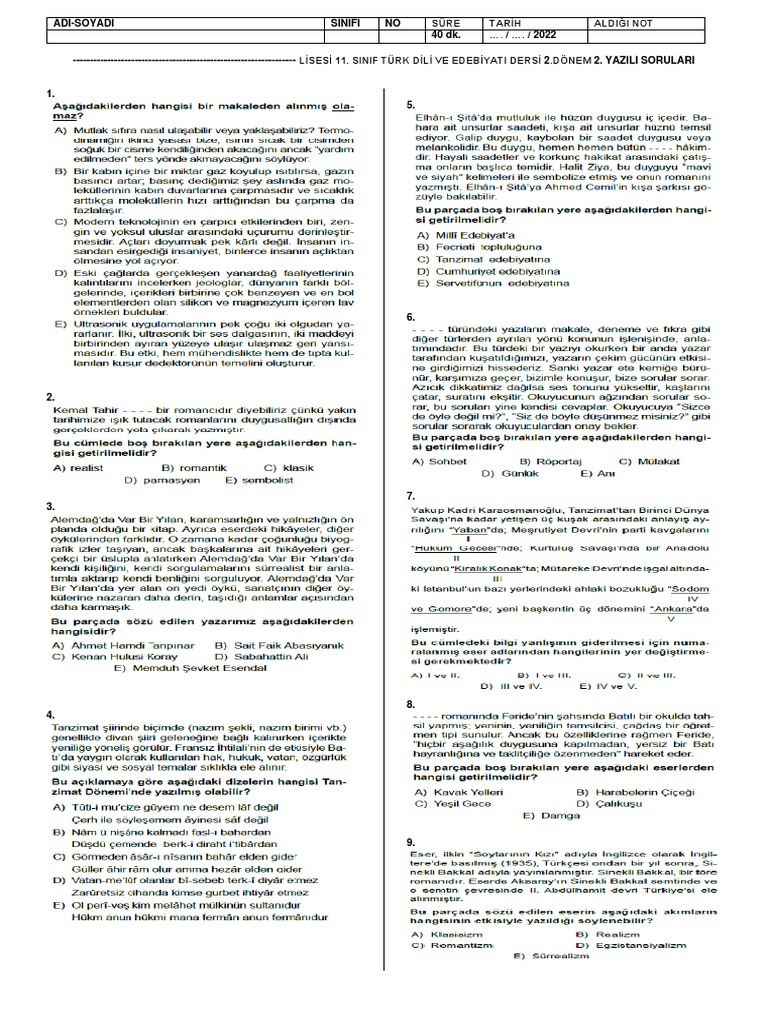 11 Türk Di̇li̇ Ve Edebi̇yati 2. Dönem 2. Yazili Sinavi | PDF