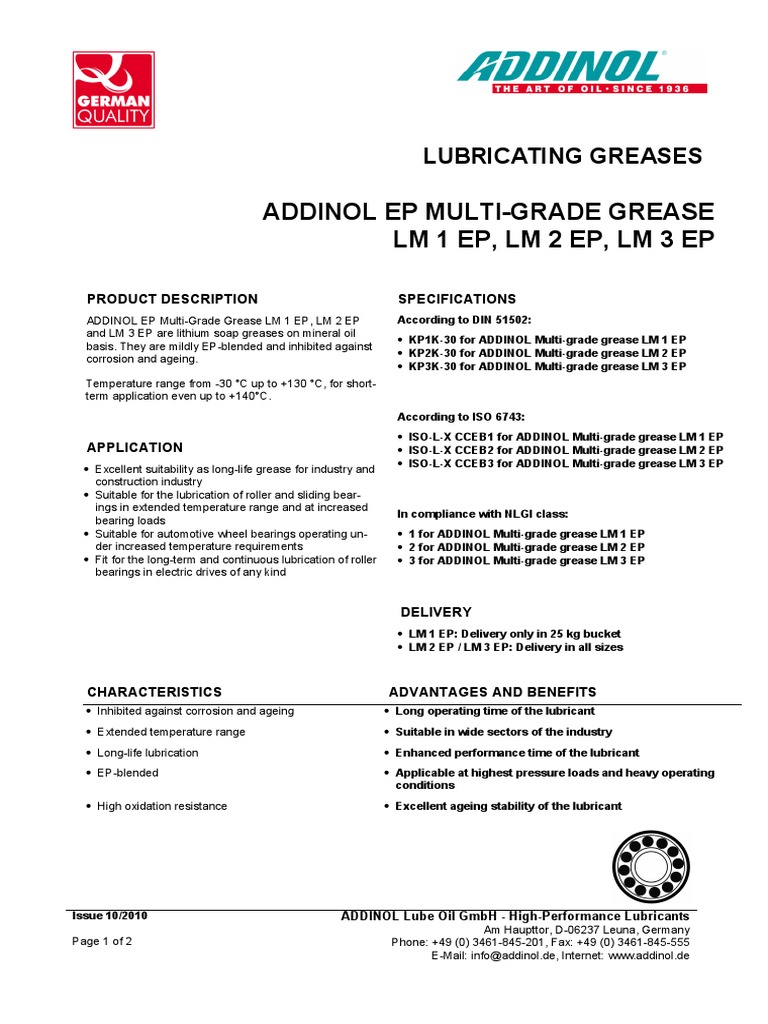 Addinol Multi-Grade Grease Lm1 Eo, Lm2 Ep, Lm3 Ep | PDF | Lubricant ...