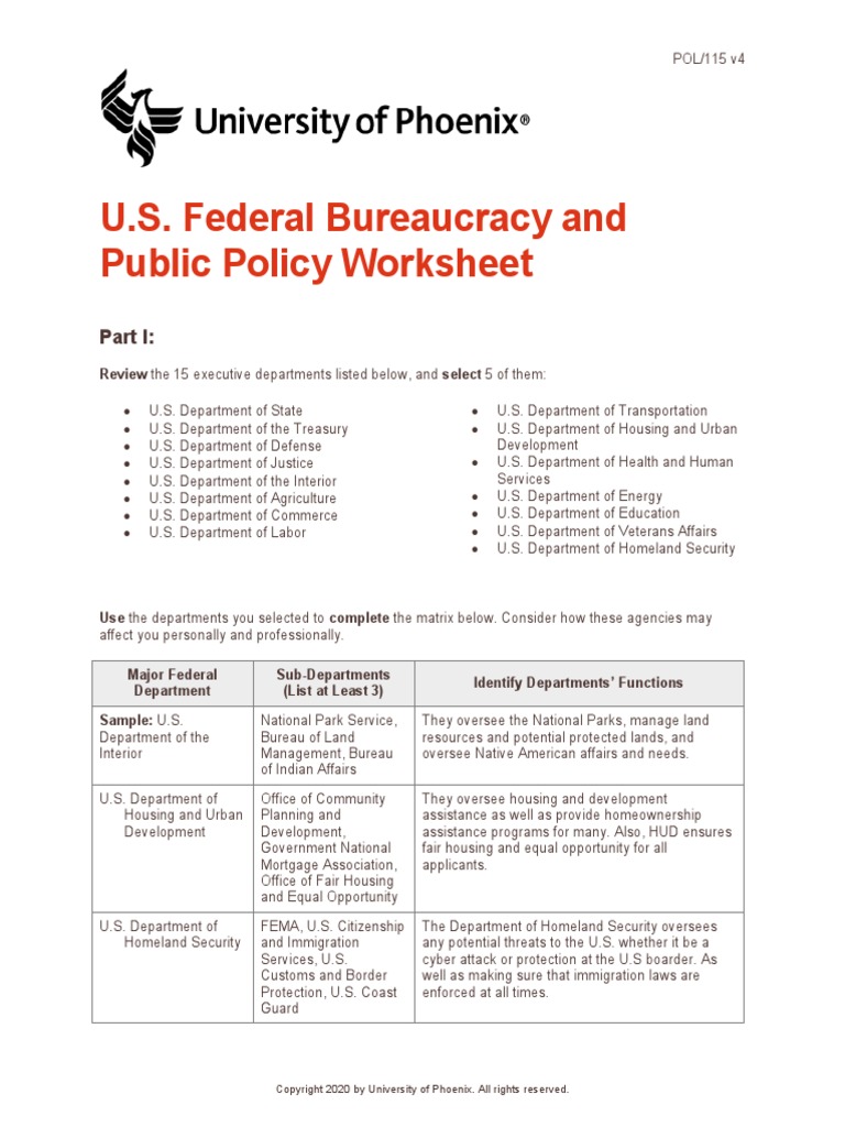 POL115 v4 wk4 U.S. Federal Bureaucracy Public Policy Worksheet | PDF ...